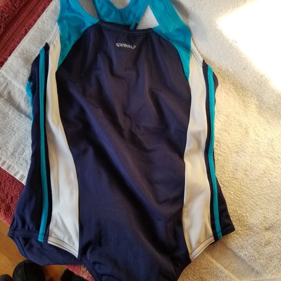 Speedo | Swim | Speedo Navy Aqua White Racerback Onepiece | Poshmark
